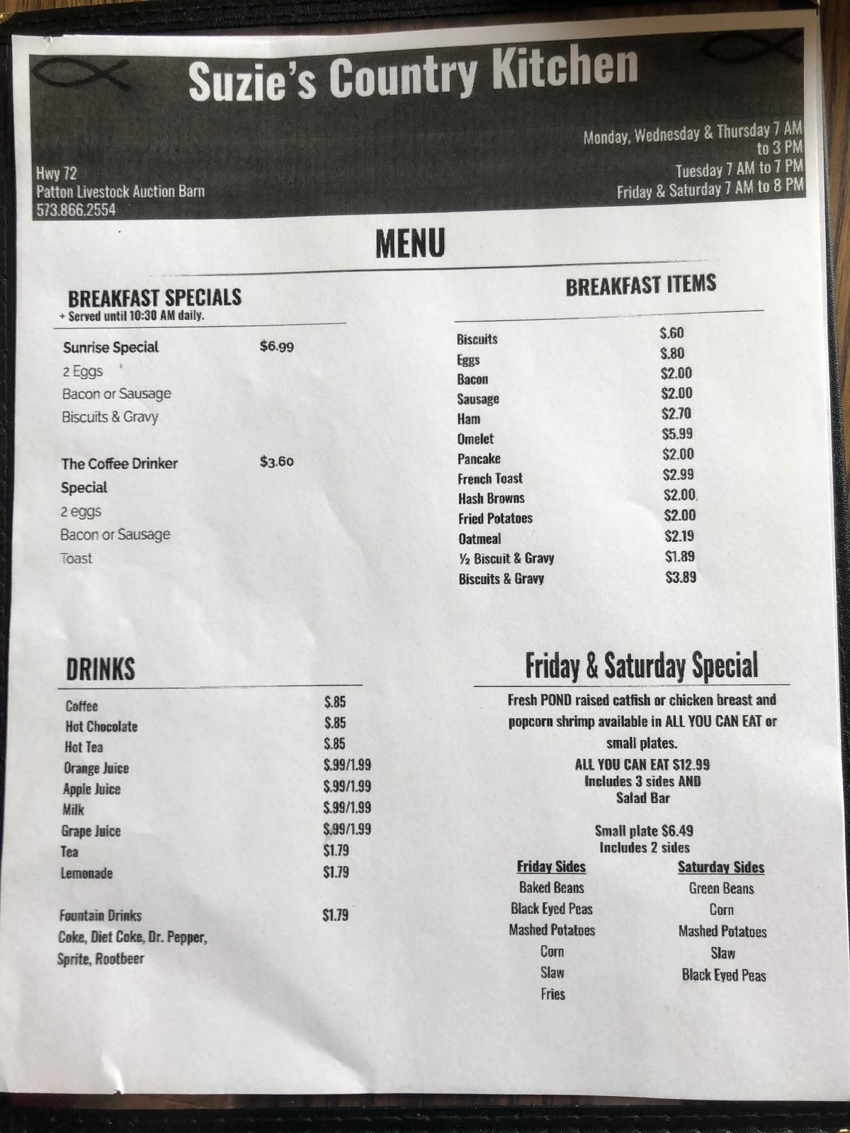 Menu at Suzie's Country Kitchen restaurant, Patton, MO-72