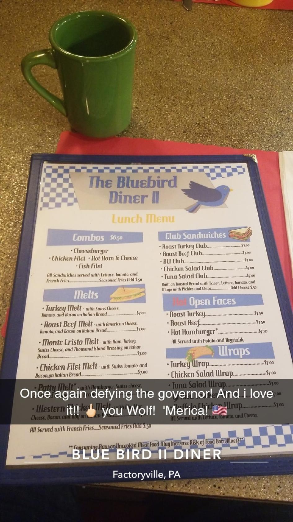 Menu at The Bluebird 2 Diner restaurant, Factoryville