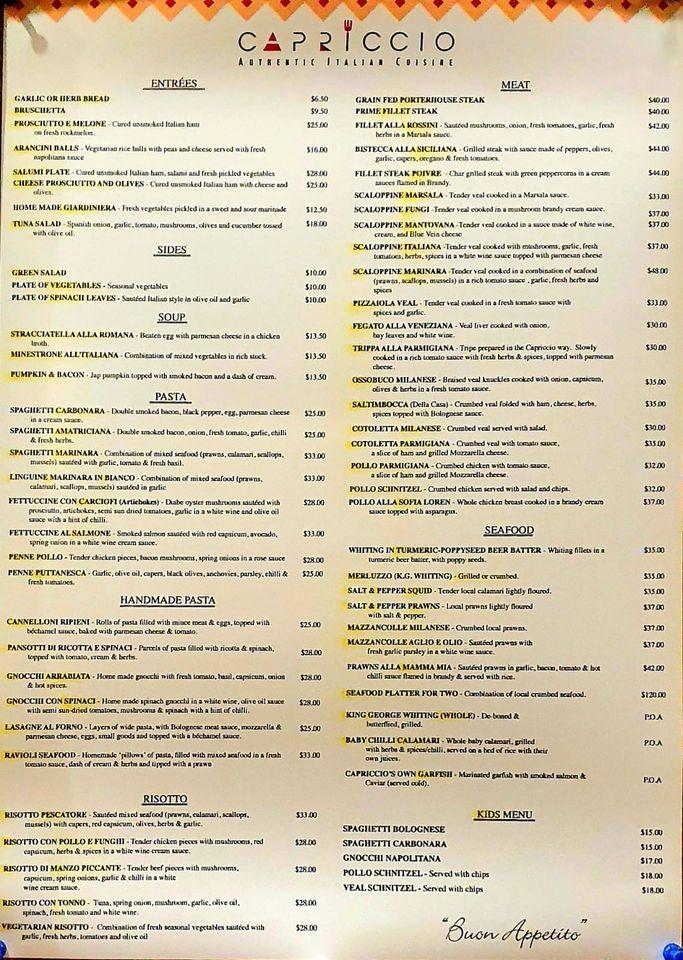 Menu at Capriccio restaurant, Glenelg