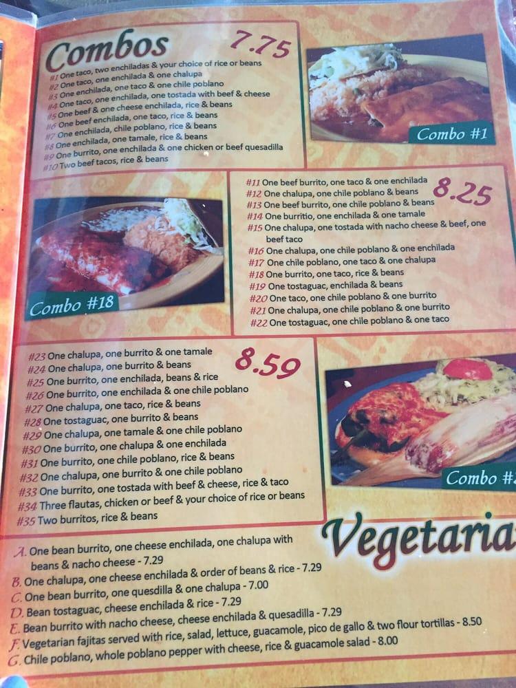 Menu at Chapala Mexican restaurant, Columbia