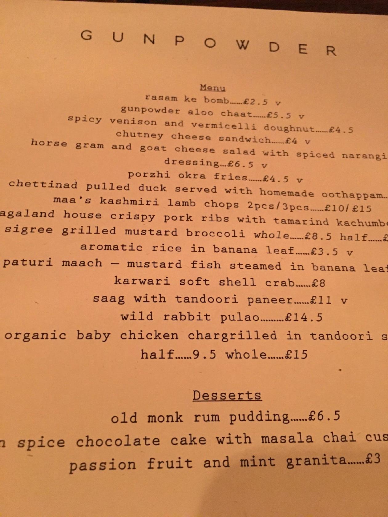 Menu at Gunpowder Spitalfields restaurant, London