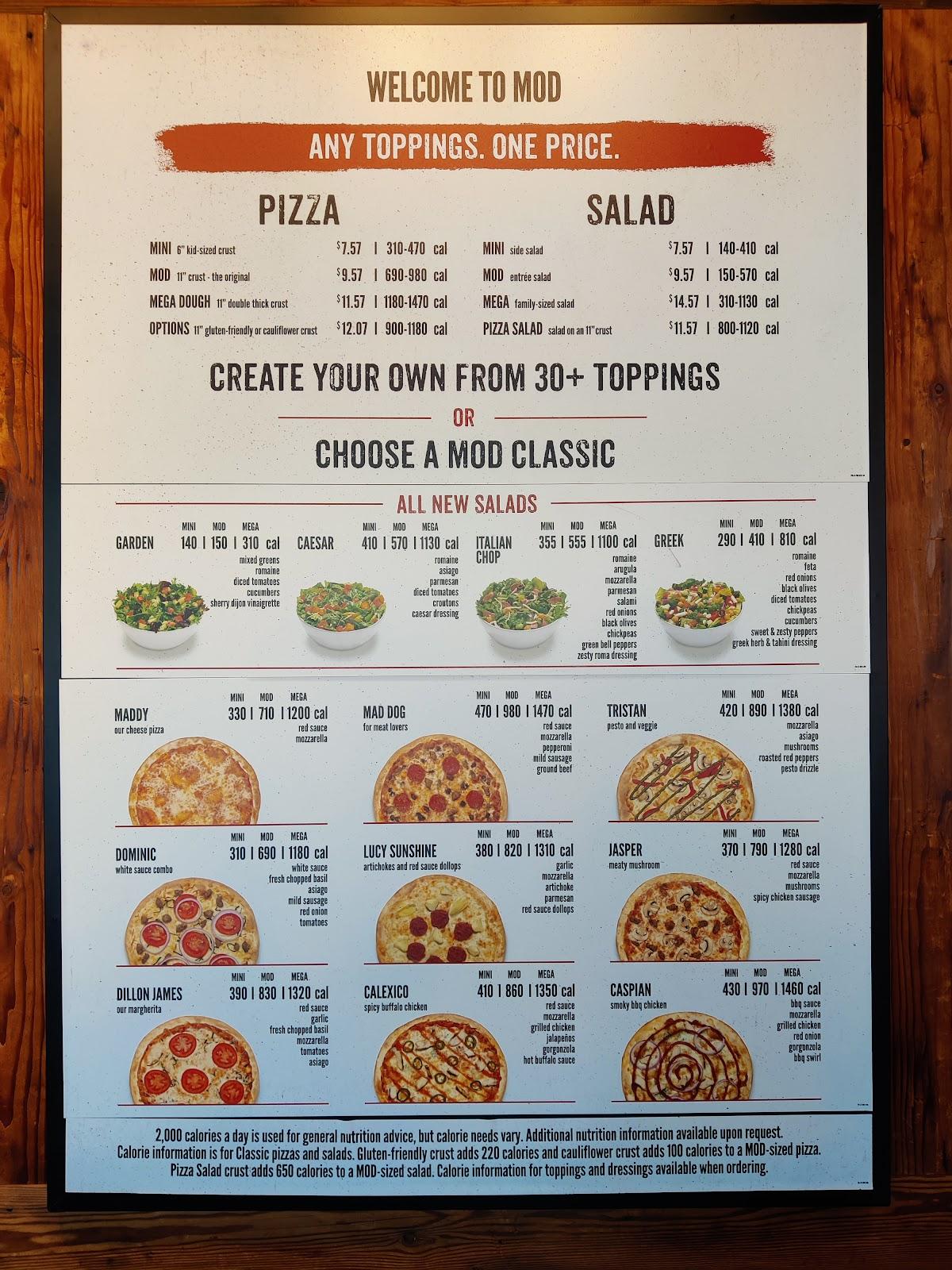 Menu at MOD Pizza pizzeria, Columbus, Sawmill Rd A