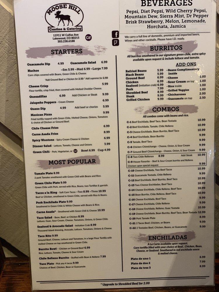 Menu at Moose Hill Cantina pub & bar, Lakewood, W Colfax Ave