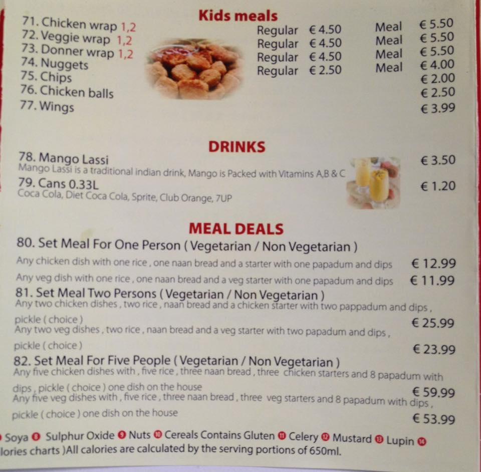 Menu at Mr Spice restaurant, Dublin