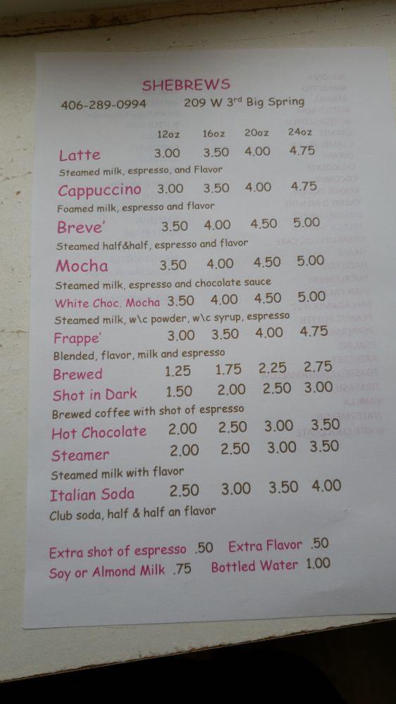 Menu at Shebrews, Big Spring
