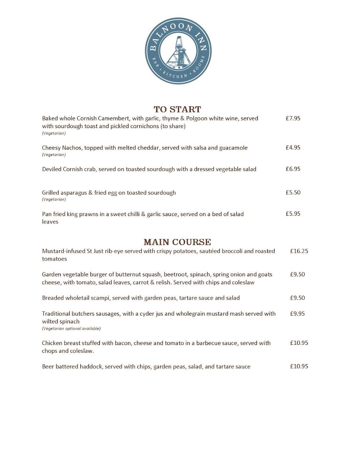 Menu at Balnoon Inn pub & bar, Saint Ives