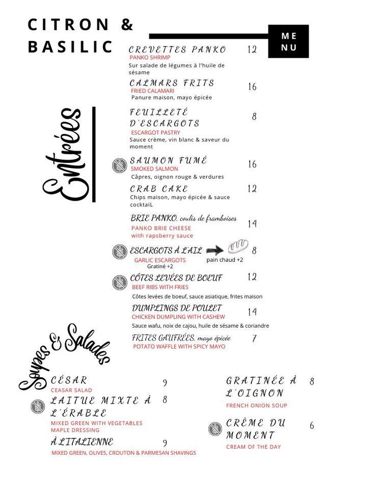 Menu au Restaurant Citron et Basilic, Huntingdon