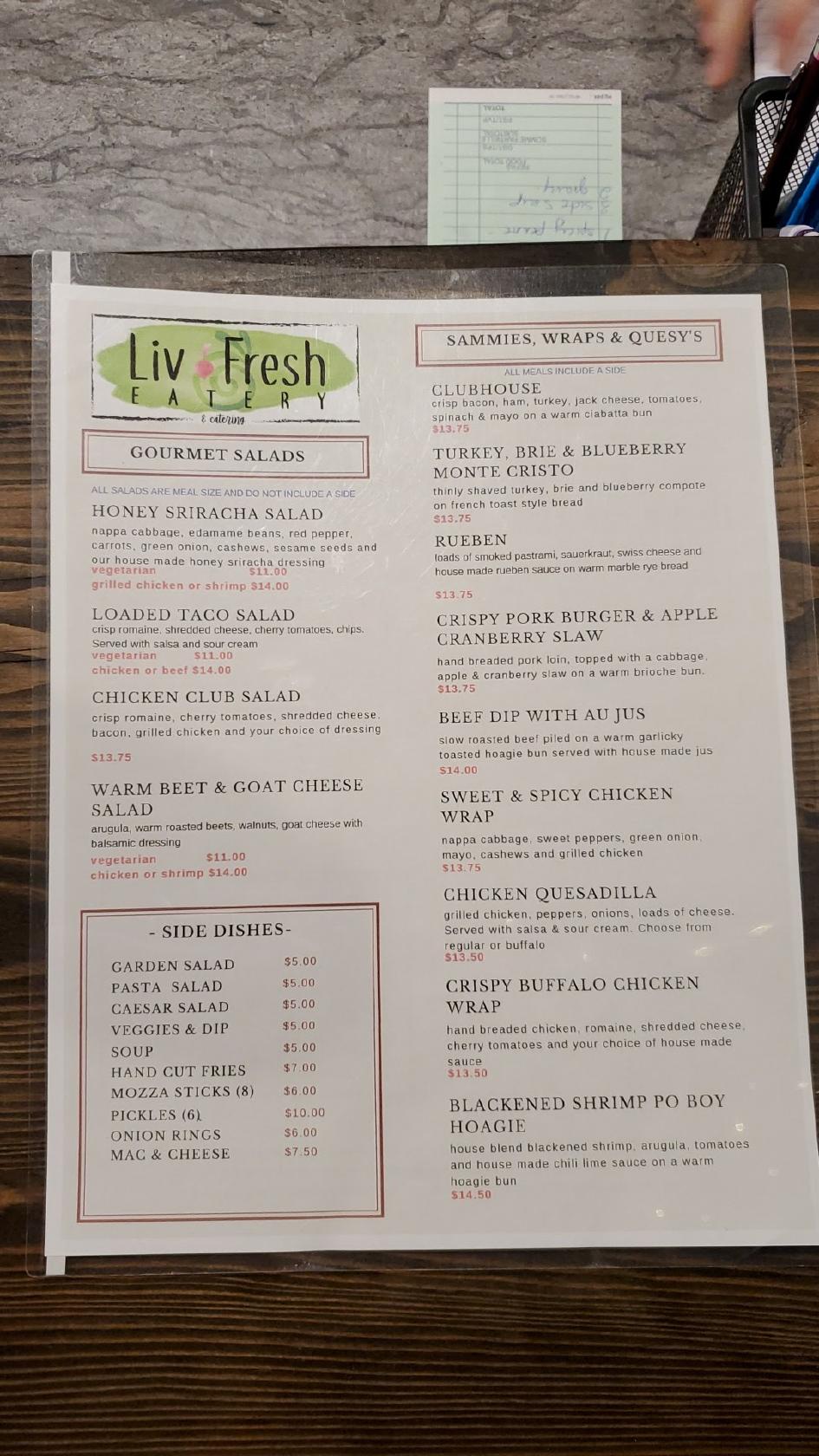 Menu at Liv Fresh Eatery & Catering restaurant, Southey