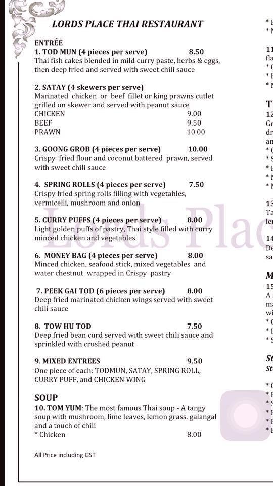 Menu at Lords Place Thai Restaurant, Orange