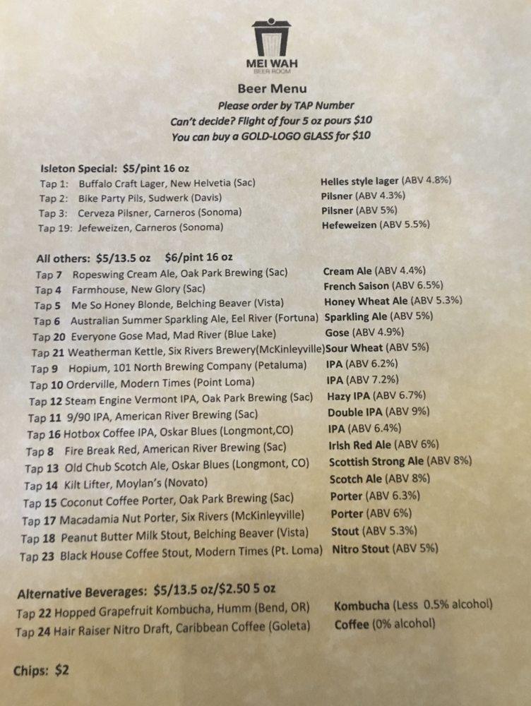 Menu at Mei Wah Beer Room pub & bar, Isleton
