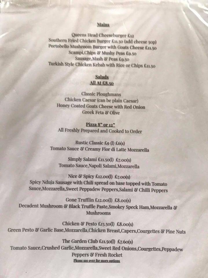 Menu at Queens Head Boughton, Boughton-under-Blean
