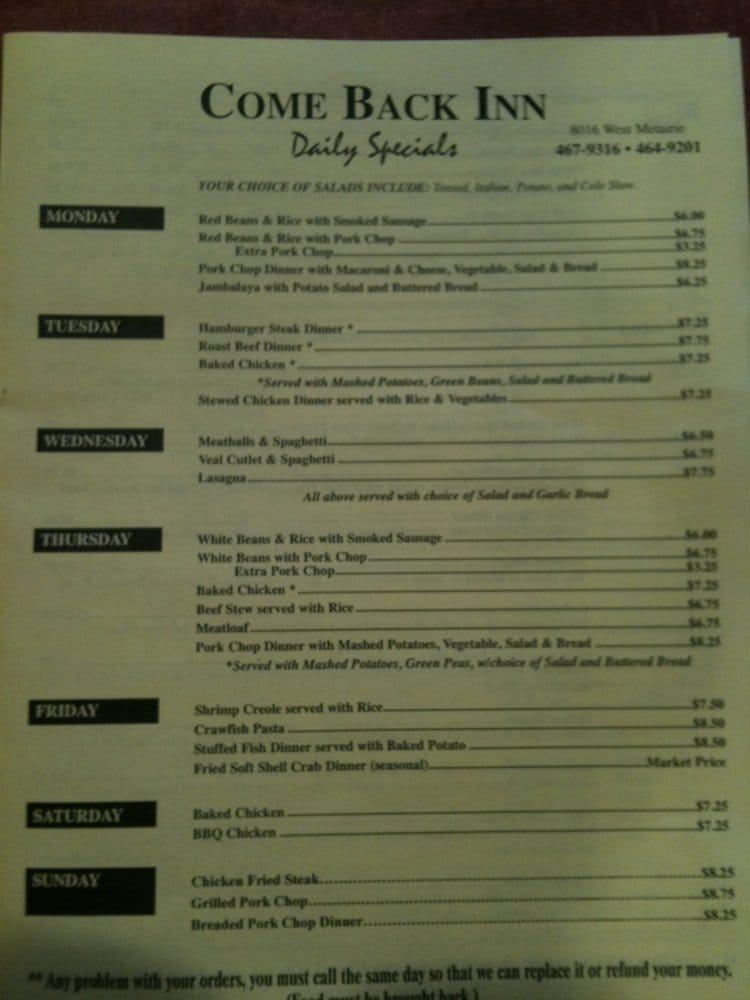 Menu at Come Back Inn restaurant, Metairie, W Metairie Ave