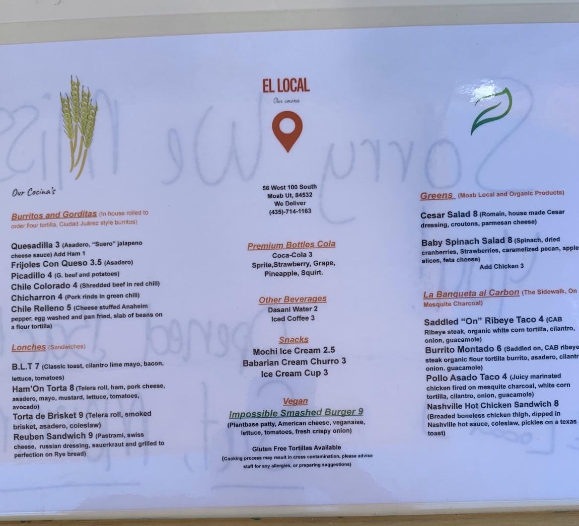 Carta del restaurante El Local, Moab