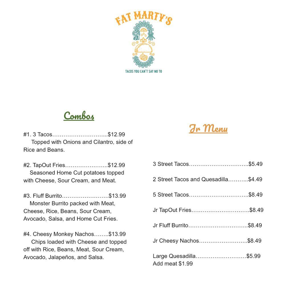 Menu at Fat Marty's restaurant, Ocean Shores