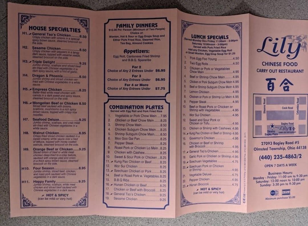 Menu at Lily's Restaurant, Olmsted Falls