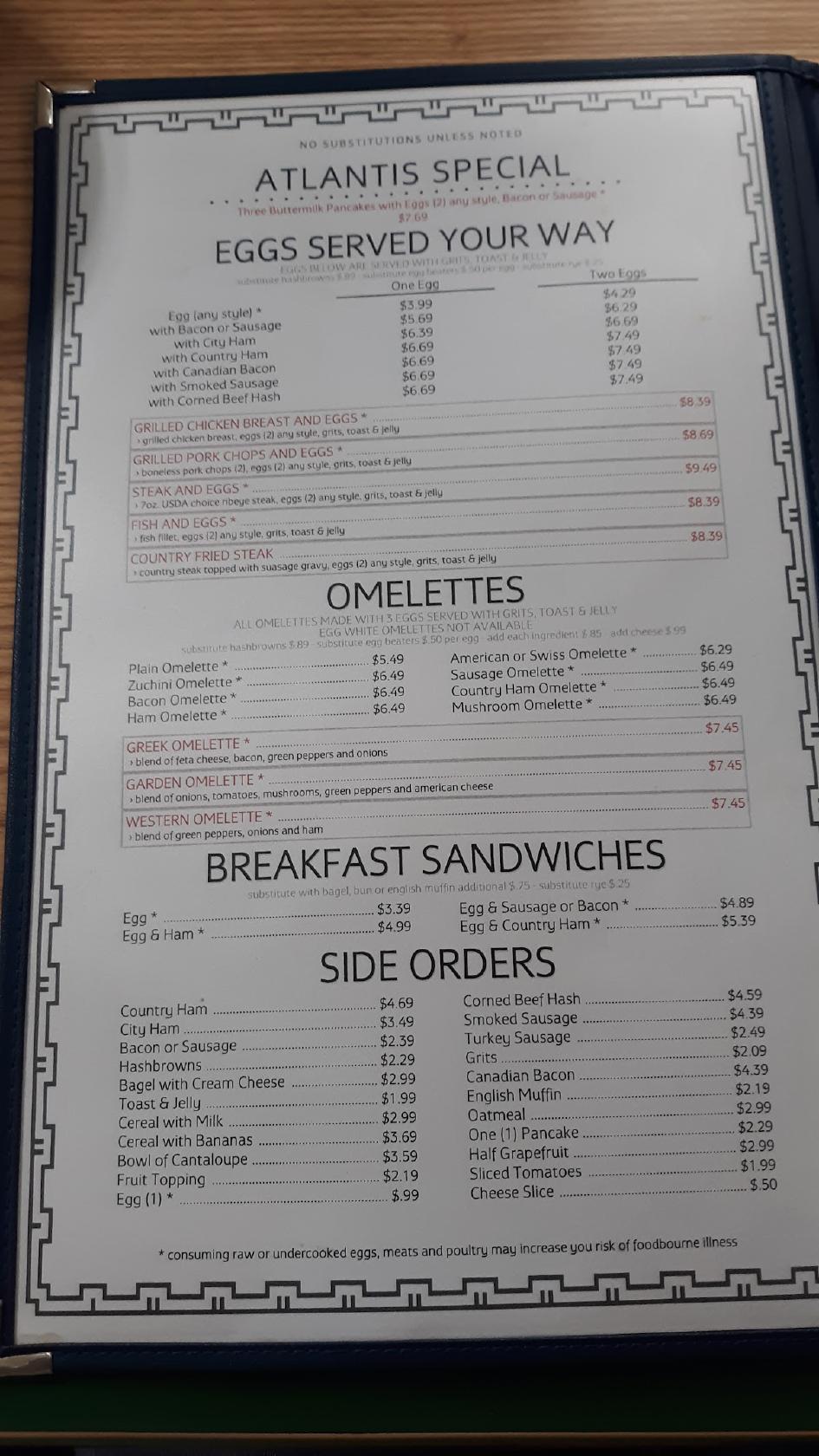 Menu at Atlantis Pancake House restaurant, North Myrtle Beach