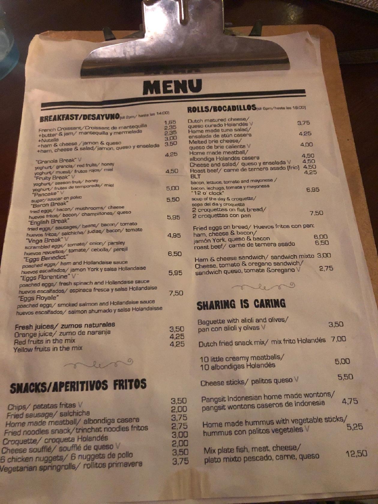 Menu at Baron Ibiza, Cala Llonga