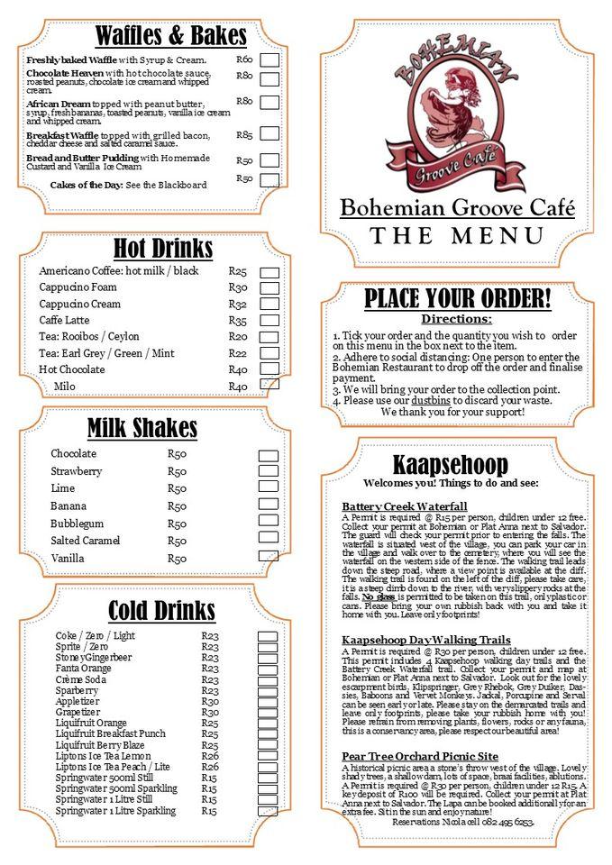 Menu at Bohemian Groove Cafe, Kaapschehoop