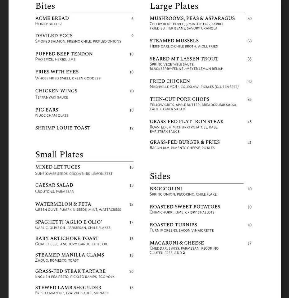 Menu at Bull Valley Roadhouse restaurant, Port Costa