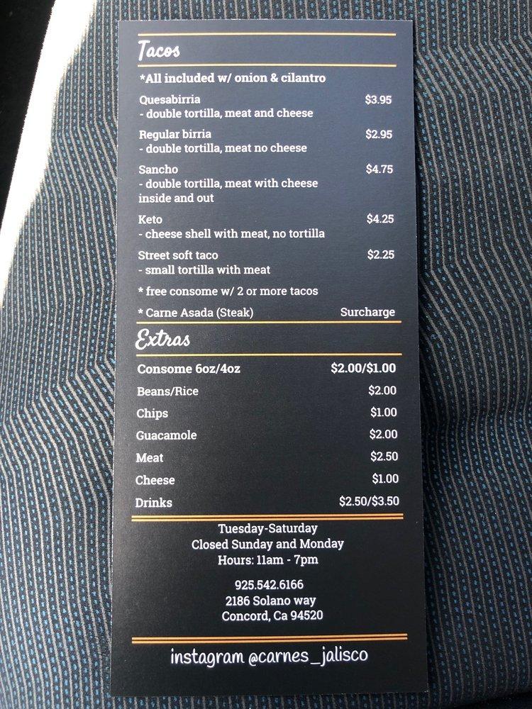 Menu at Carnes Jalisco restaurant, Concord