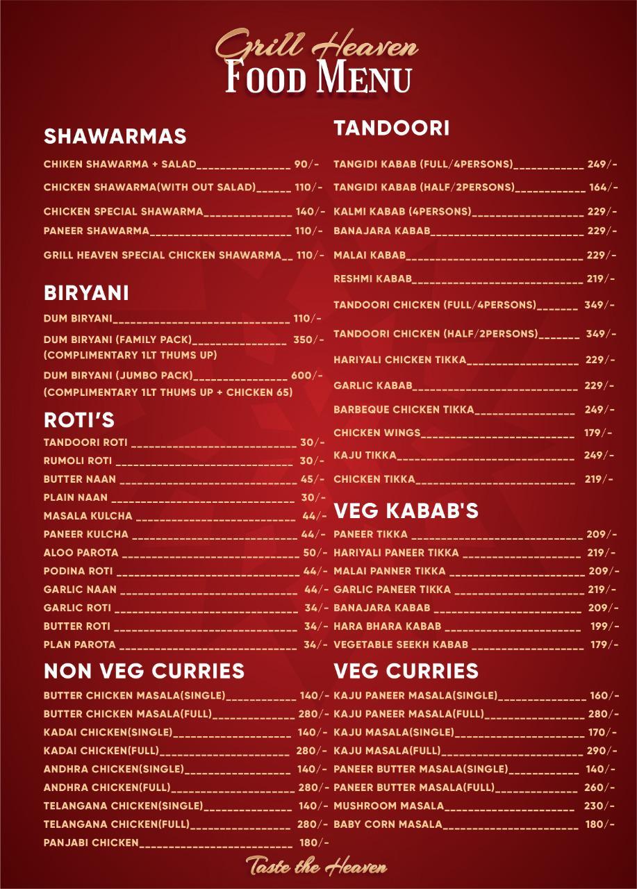 Menu at Grill Heaven Restaurant, Machilipatnam