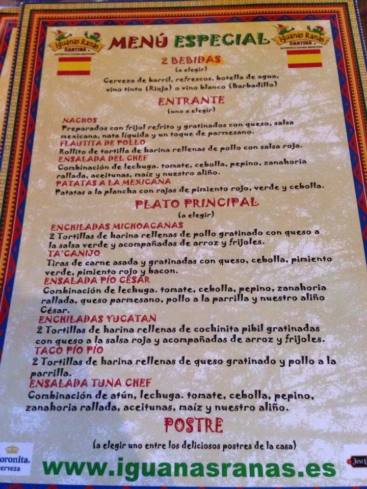 Menu at Iguanas Ranas restaurant, Castilleja de la Cuesta, C. Real
