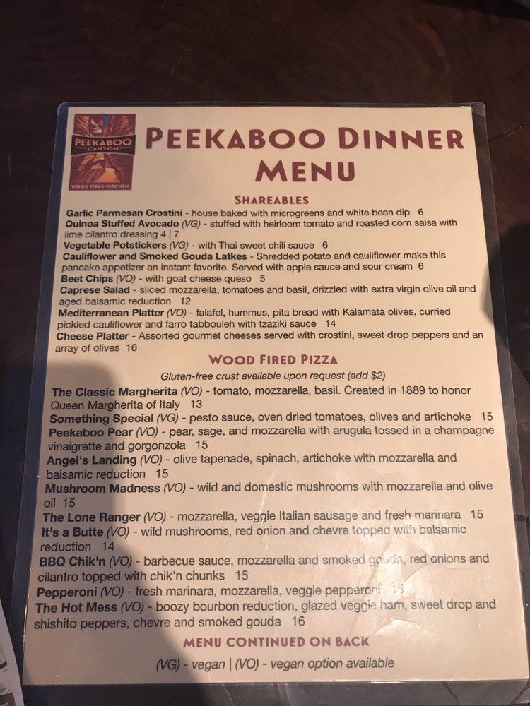 Menu at Peekaboo Canyon Wood Fired Kitchen pizzeria, Kanab