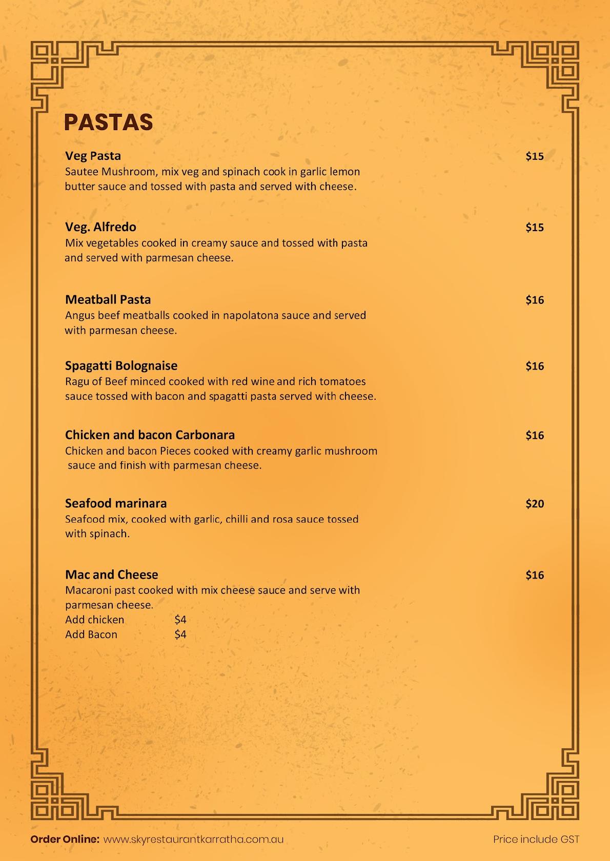Menu at SKY Restaurant Karratha, Pegs Creek