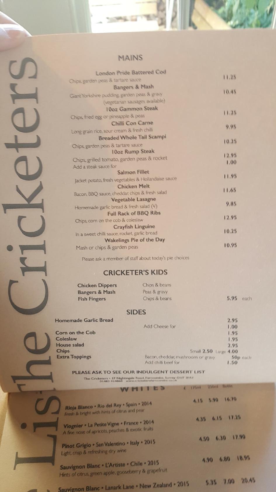 Menu at The Cricketers, Farncombe pub & bar, Godalming, 37 Nightingale Rd