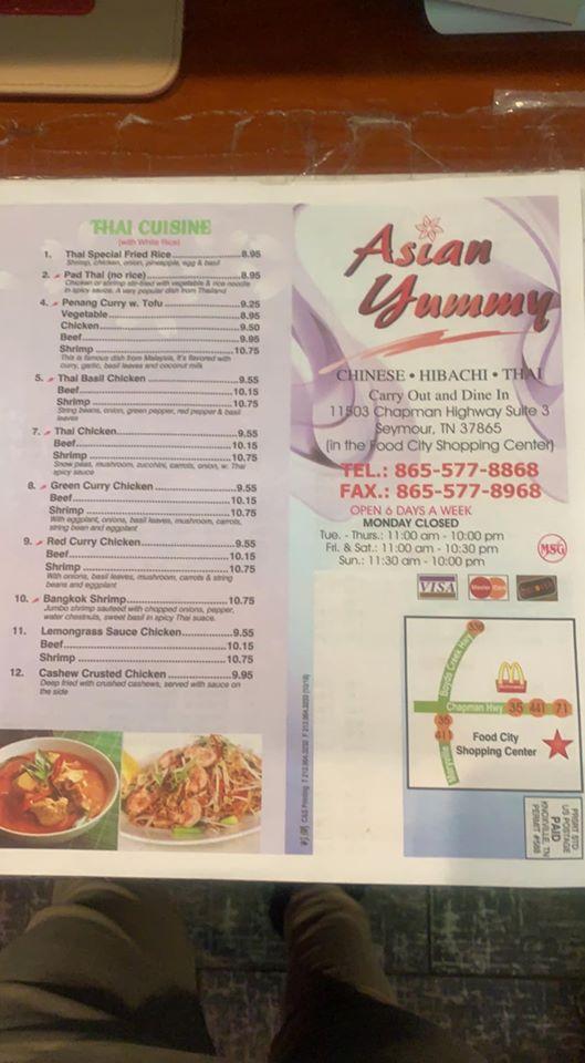 Menu at Asian Yummy restaurant, Seymour