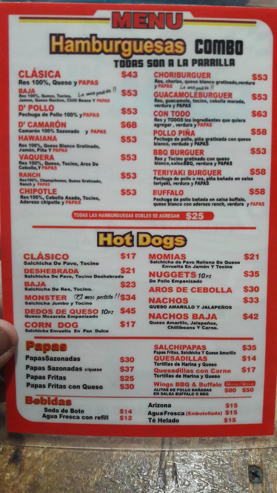 Menu at Baja Burgers restaurant, Ensenada