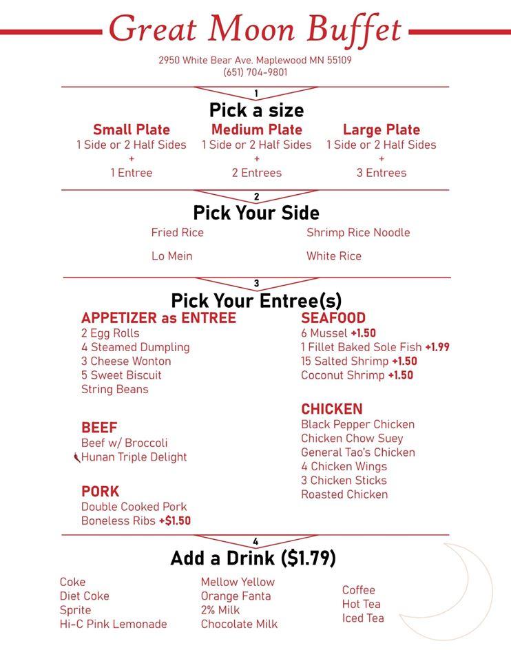 Menu at Great Moon Buffet restaurant, Maplewood, White Bear Ave