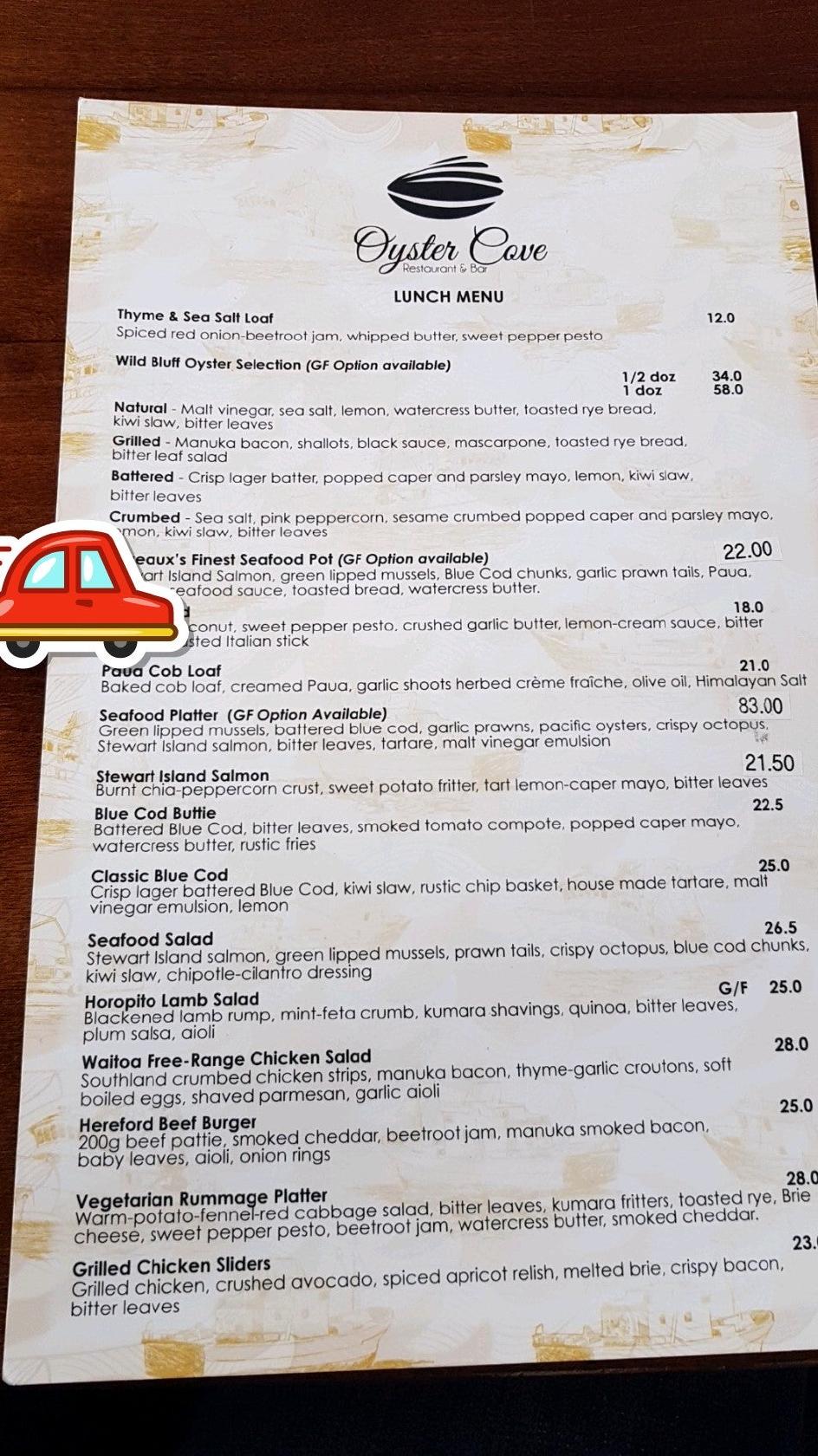 Menu at Oyster Cove pub & bar, Bluff