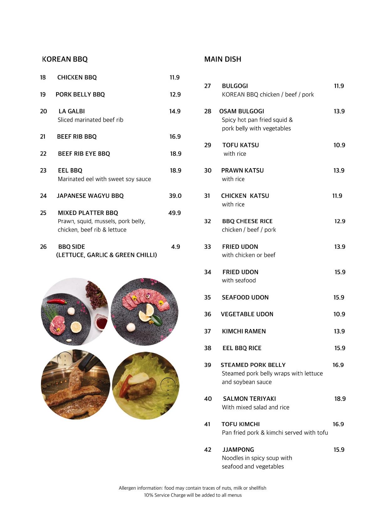 Menu at SIMYA KOREAN RESTAURANT, London, the broadway