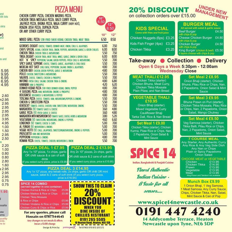 Menu at Spice 14, Newcastle upon Tyne