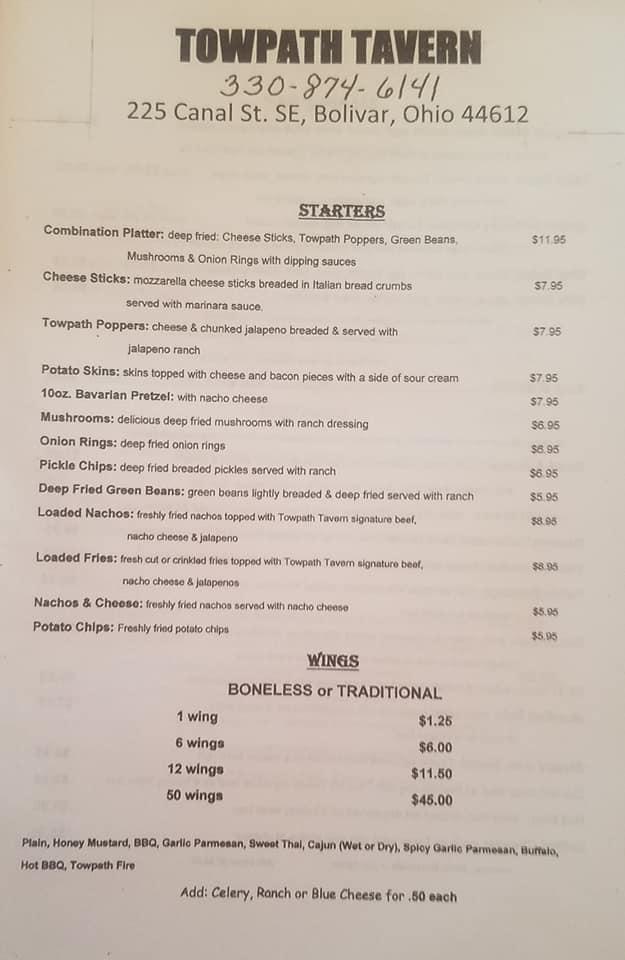 Menu at Towpath Tavern pub & bar, Bolivar, 225 Canal St