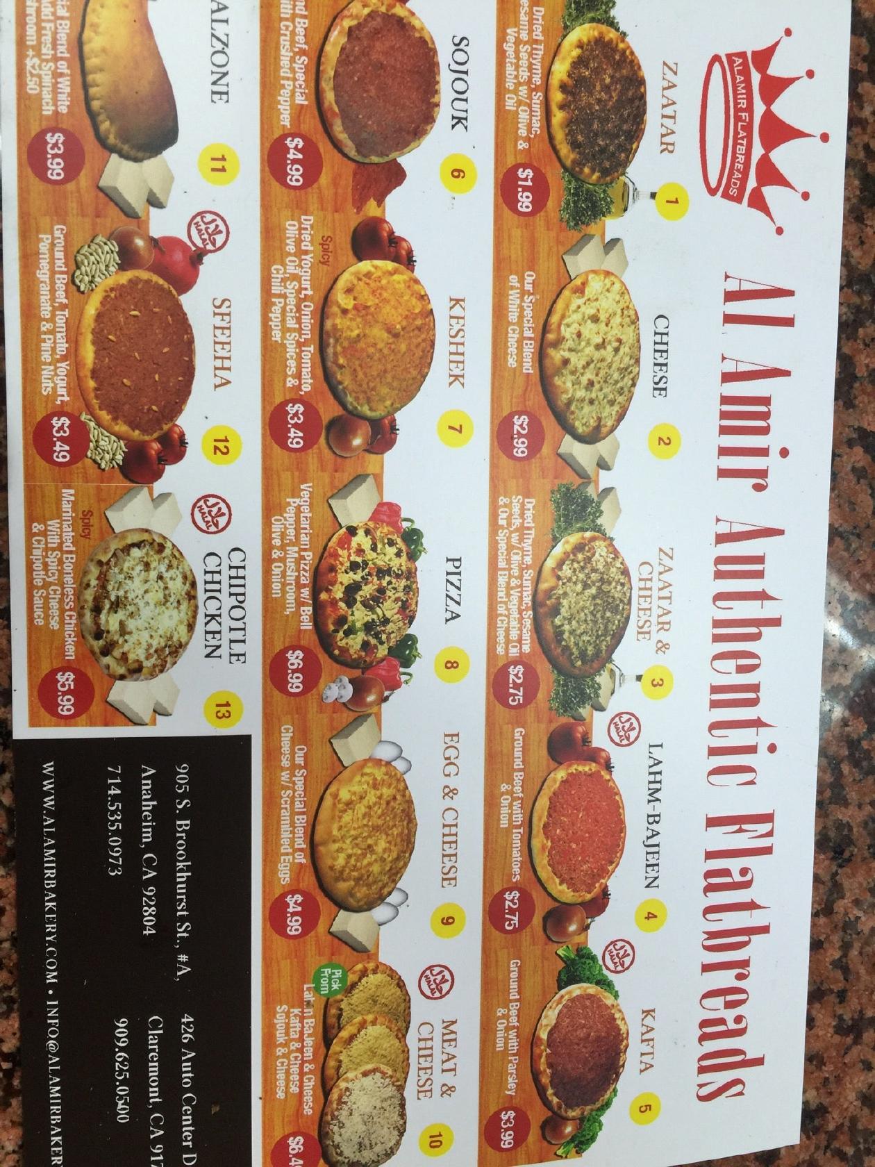 Menu at Al Amir Bakery, Anaheim, 905 S Brookhurst St A