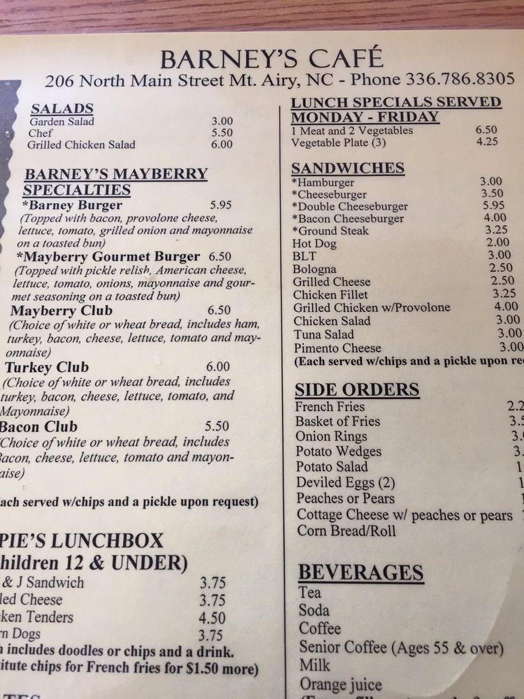 Menu at Barney's Cafe, Mount Airy