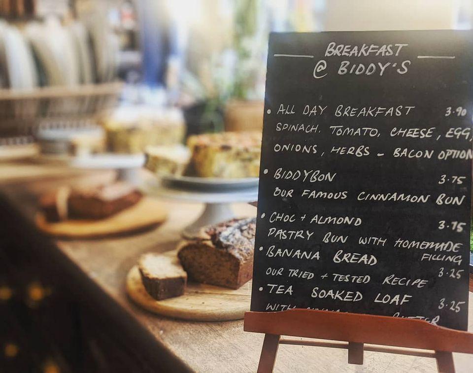 Menu at Biddy's Tea Room cafe, Norwich