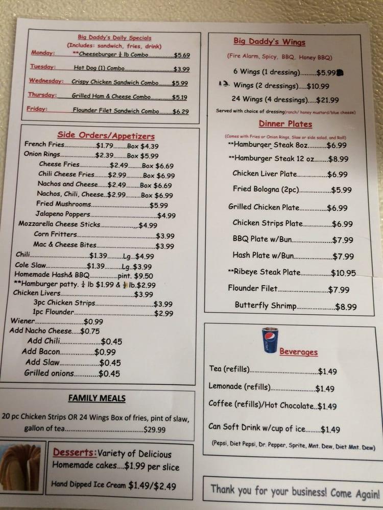 Menu at Big Daddy's Cafe, Gaffney SC, Gaffney