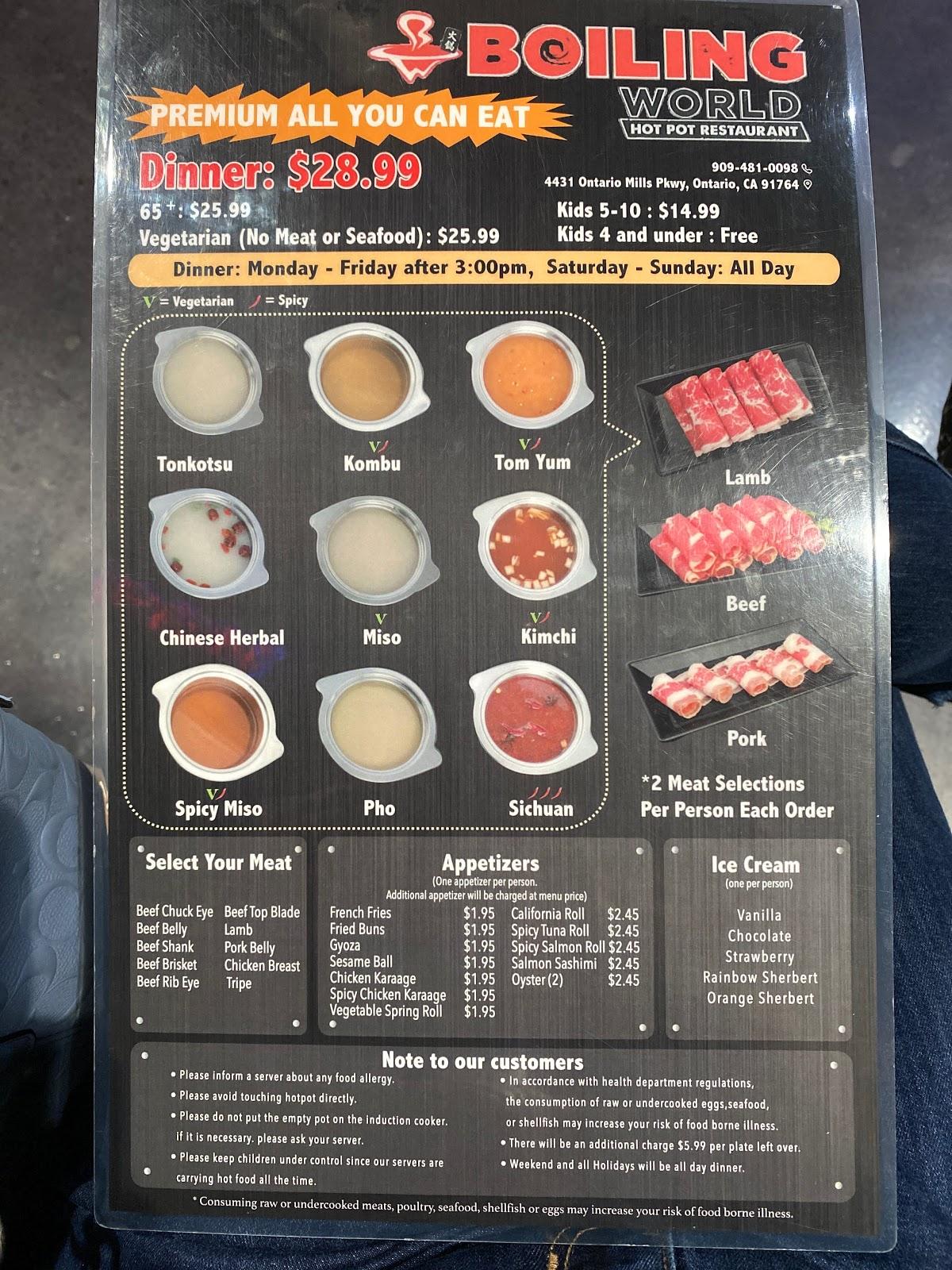 Menu at Boiling World restaurant, Ontario