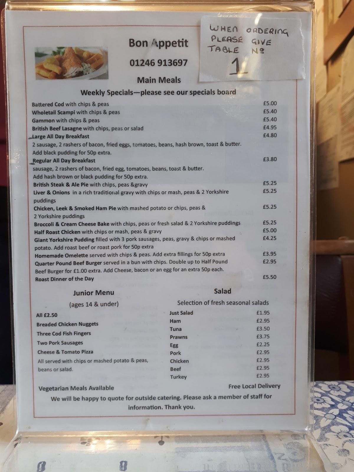 Menu at Bon Appétit cafe, North Wingfield