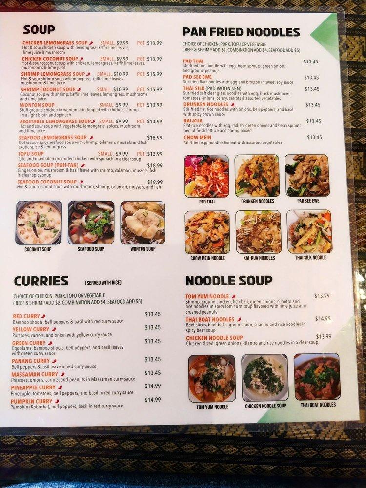 Menu at Bull Thai AZ restaurant, Bullhead City