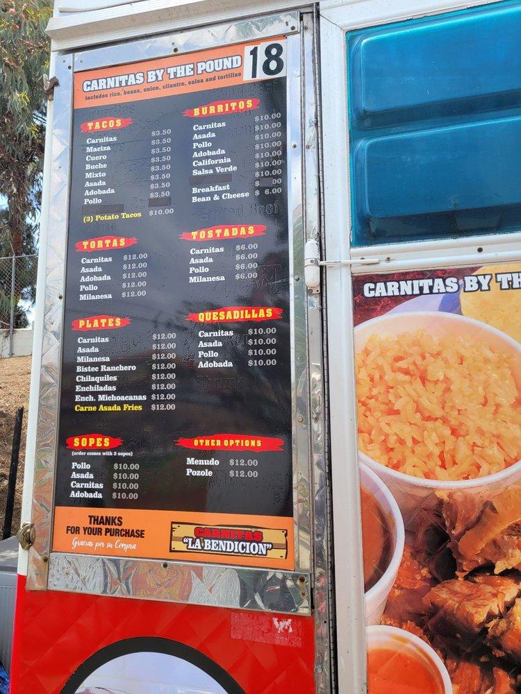 Menu at Carnitas la Bendición restaurant, San Diego