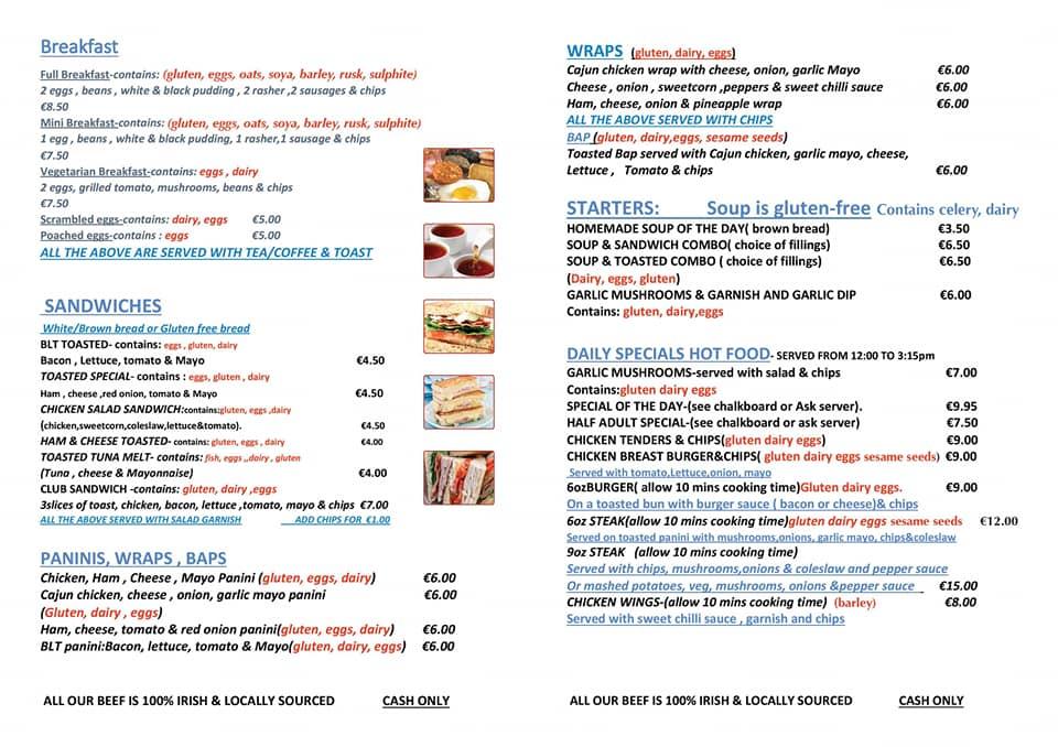 Menu at Dan's Bar, Athenry
