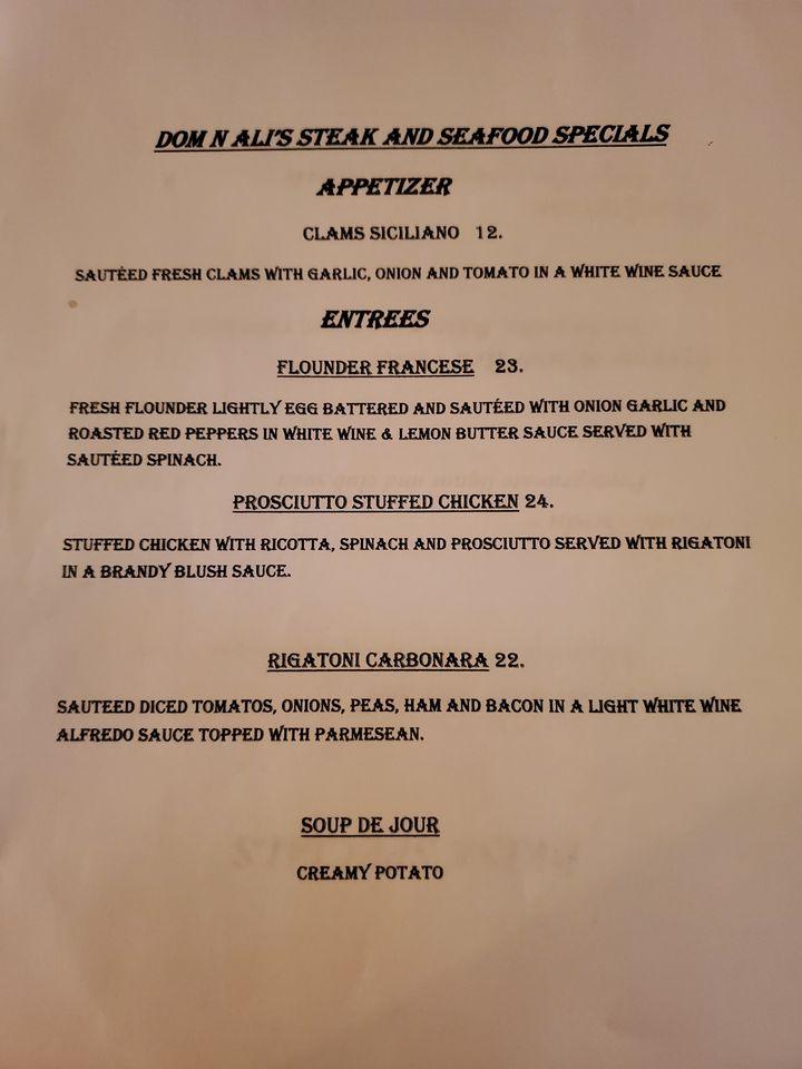 Menu at Dom N Ali steakhouse, Jim Thorpe