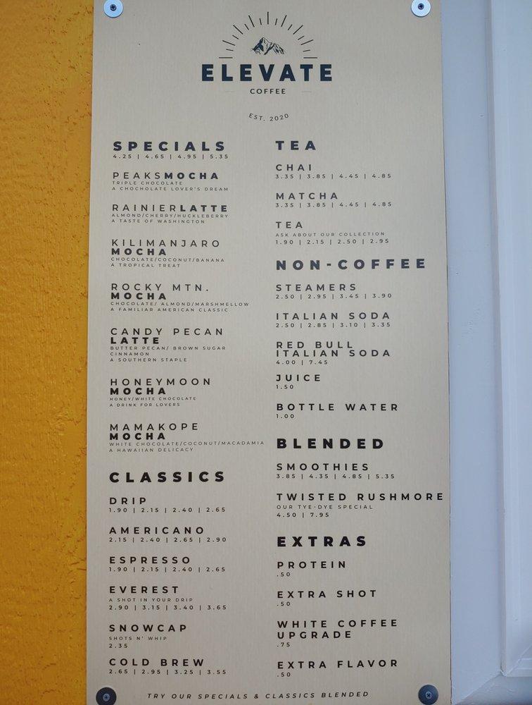 Menu at Elevate Coffee cafe, Nashville
