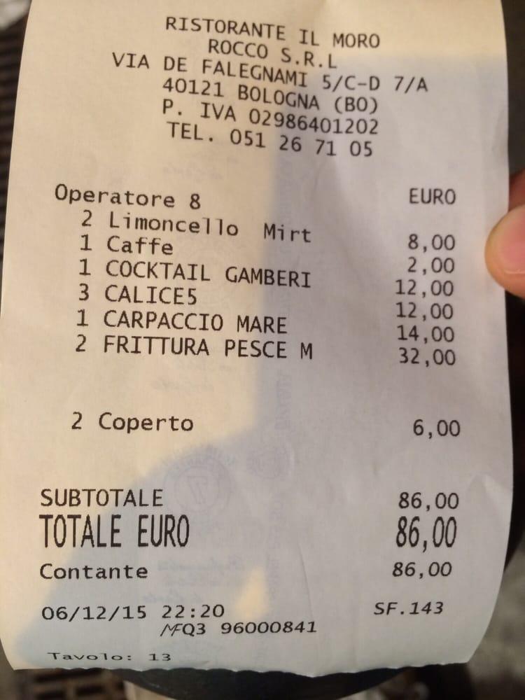 Menu da ristorante Il Moro, Bologna