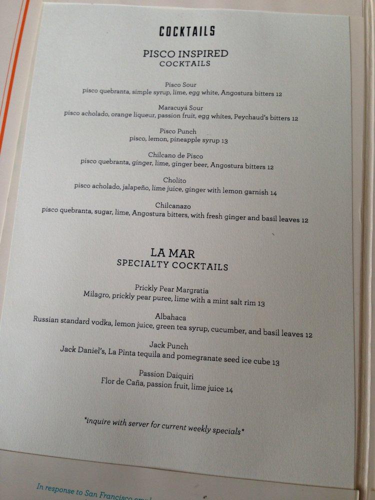 Menu at La Mar Cocina Peruana restaurant, San Francisco