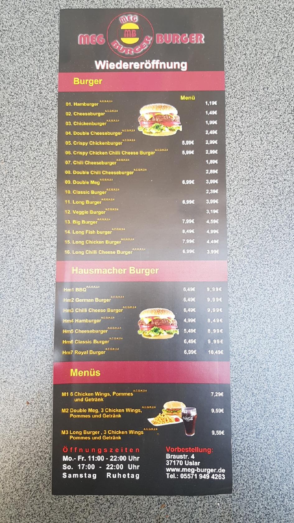 Speisekarte von Meg Burger restaurant, Uslar